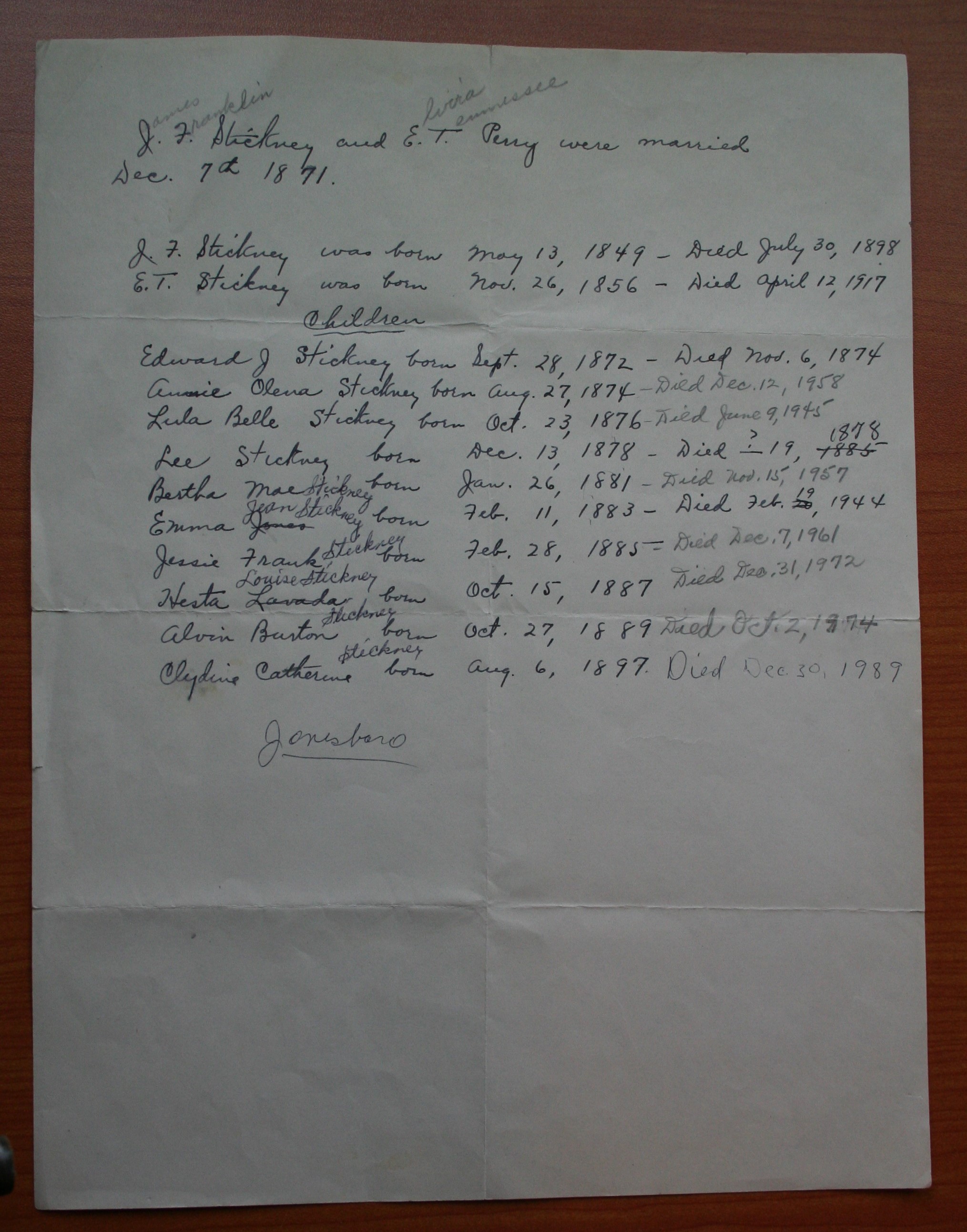 The James Franklin and Elvira Tennessee (Perry) Stickney Family Bible ...